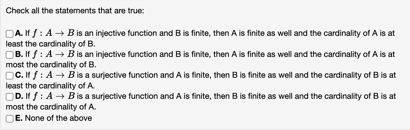 Solved Check all the statements that are true: A. If f:A→B | Chegg.com