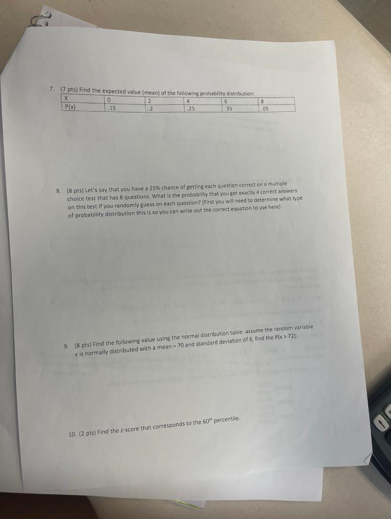 Solved 7. (7 pts) Find the expected value (mean) of the | Chegg.com