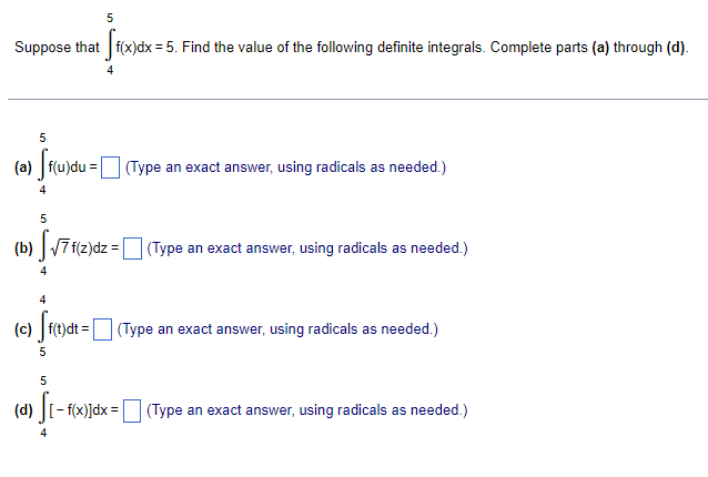 Solved 5 Suppose that f(x)dx=5. Find the value of the | Chegg.com