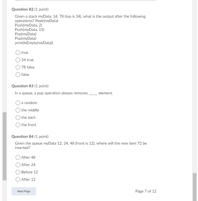 Solved Question 82 (1 point) Given a stack myData: 34,78 | Chegg.com
