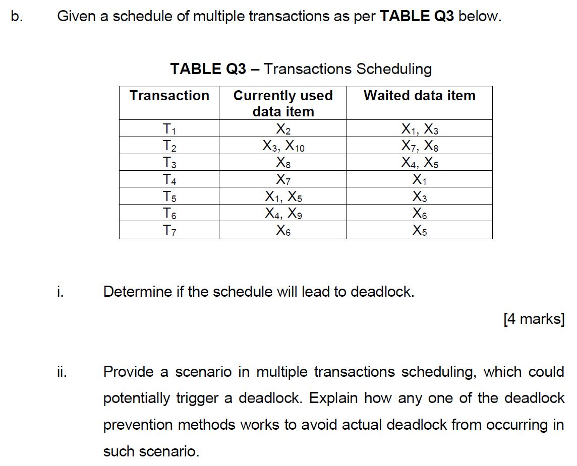 b. Given a schedule of multiple transactions as per TABLE Q3 below ...