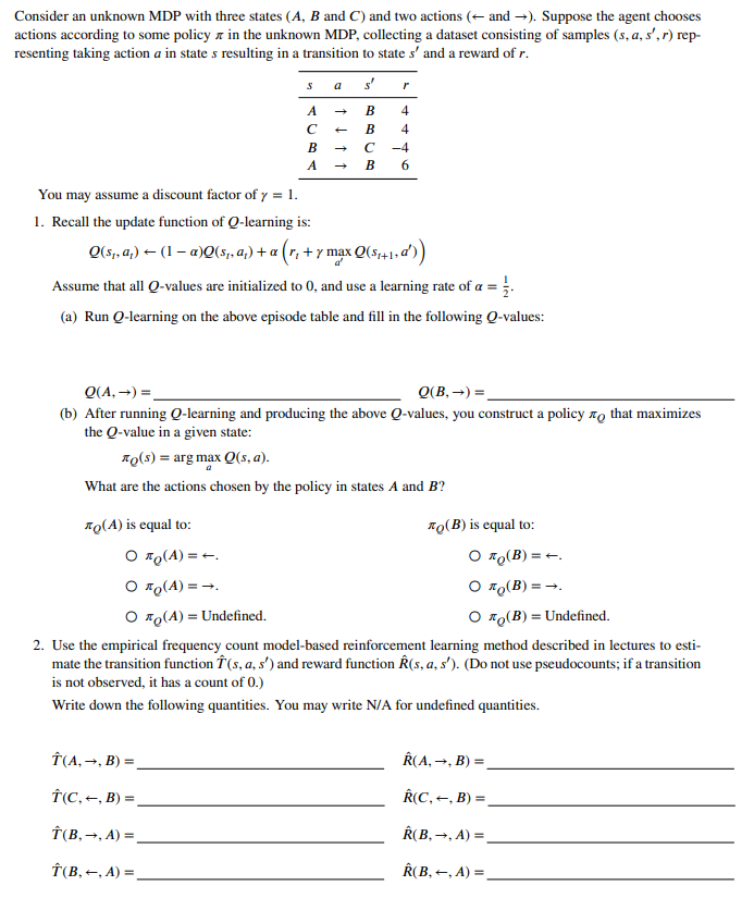 Solved Consider an unknown MDP with three states (A, B and | Chegg.com