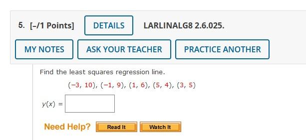 Solved Find the least squares regression line. | Chegg.com