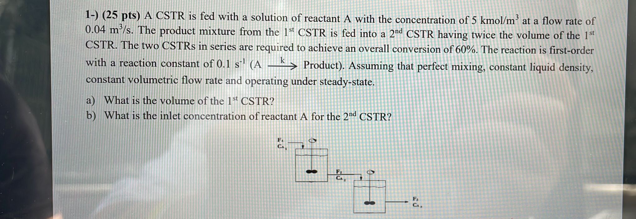 Solved 1-) (25 pts) A CSTR is fed with a solution of | Chegg.com