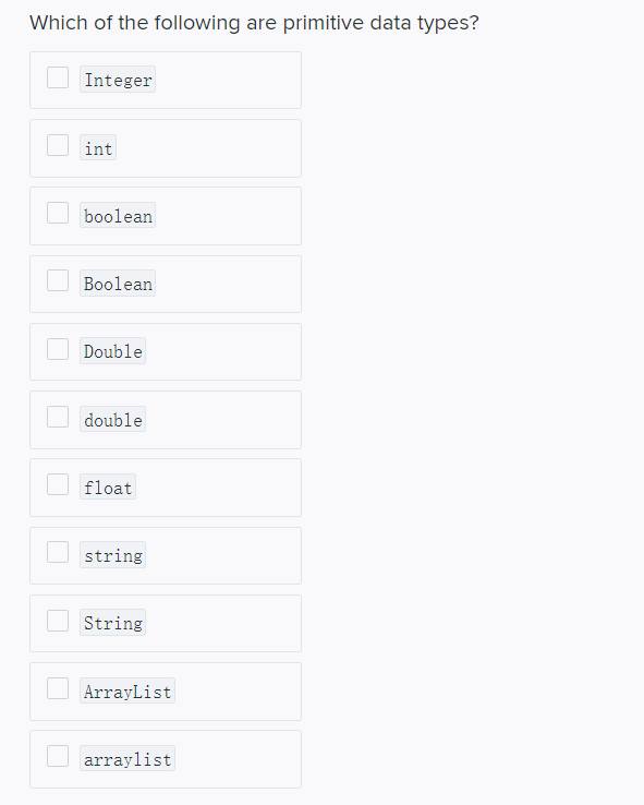 Solved Which of the following are primitive data types? | Chegg.com