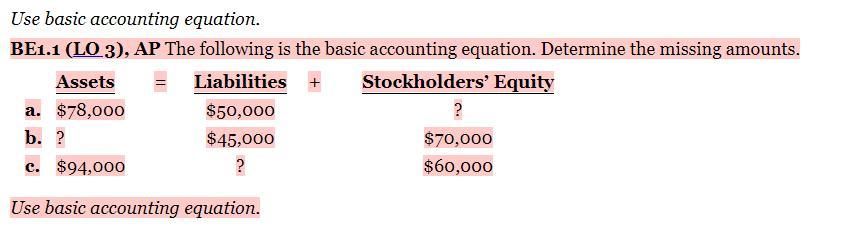 Solved Use basic accounting equation. BE1.1 (LO3), AP The | Chegg.com
