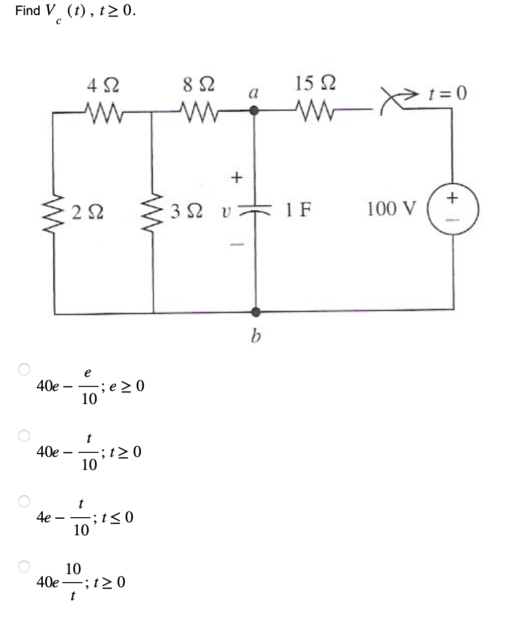Solved Find Vc(t),t≥0 40e−10e;e≥0 40e−10t;t≥0 4e−10t;t≤0 | Chegg.com