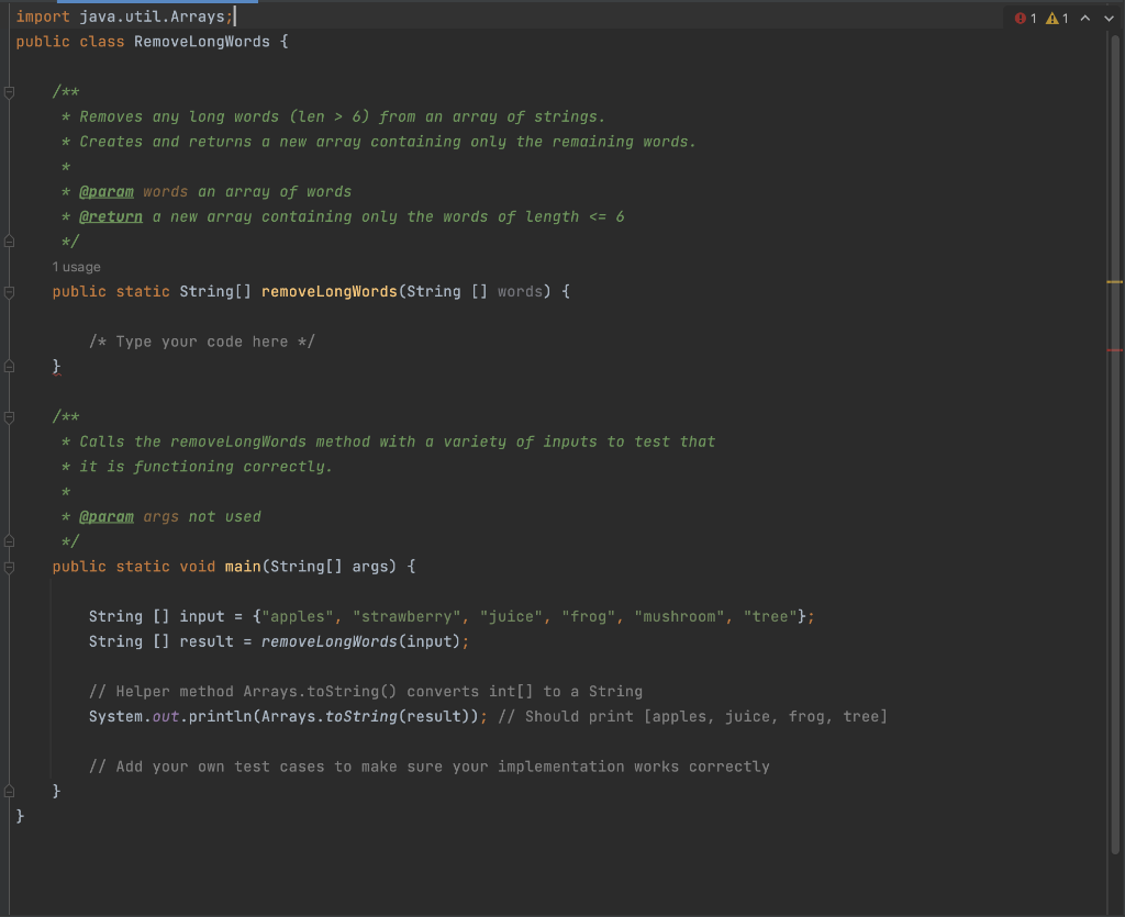 Solved Write the removeLongWords ( method, which receives an | Chegg.com