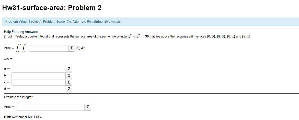 Solved Hw31-surface-area: Problem 2 Problem Value: 1 | Chegg.com