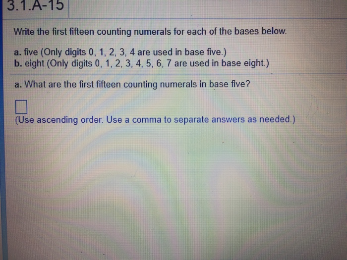 Solved 3.1.A-15 Write the first fifteen counting numerals | Chegg.com