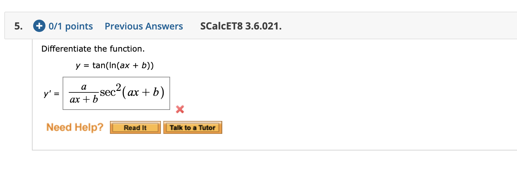 Solved 5. + 0/1 points Previous Answers SCalcET8 3.6.021. | Chegg.com