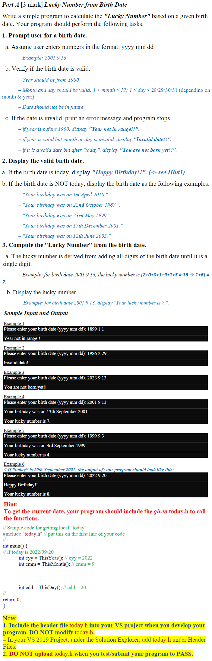 Solved Part A [3 mark] Lucky Number from Birth Date Write a | Chegg.com
