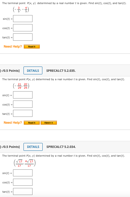 Solved The terminal point P(x,y) determined by a real number | Chegg.com