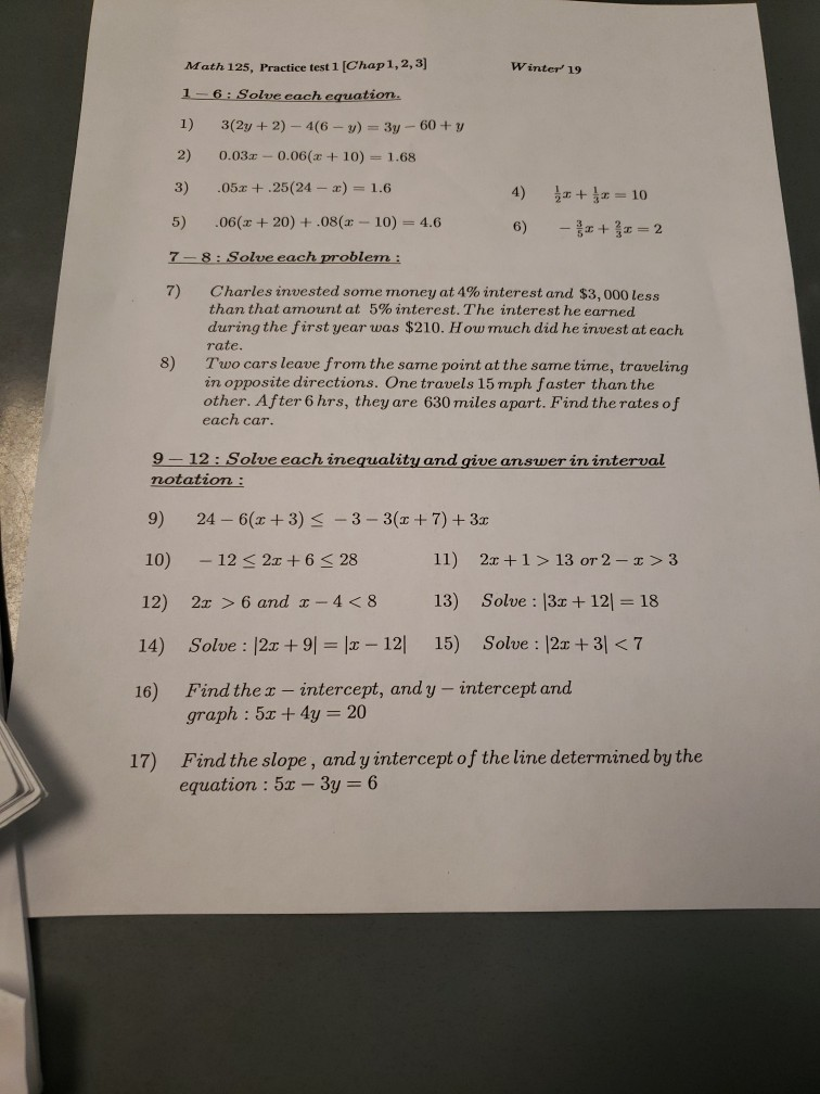Solved Math 125, Practice test 1 [Chap 1,2,3 1-6: Solve each | Chegg.com