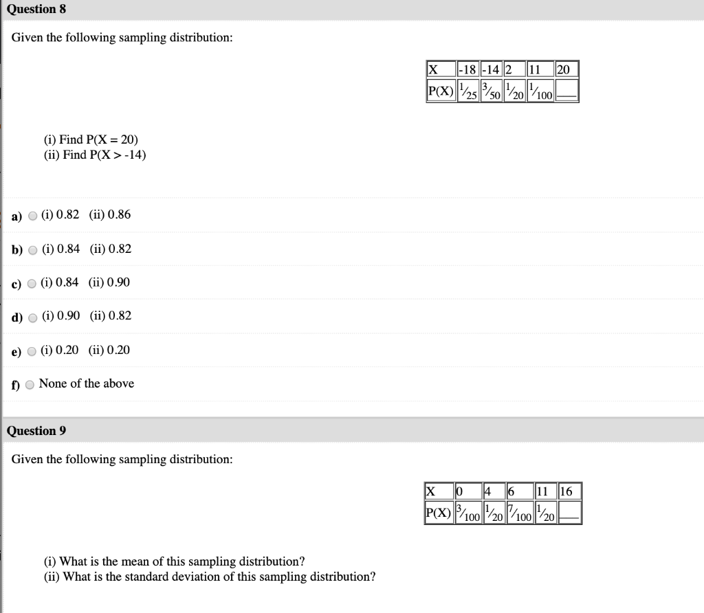 Solved Question 8 Given the following sampling distribution: | Chegg.com