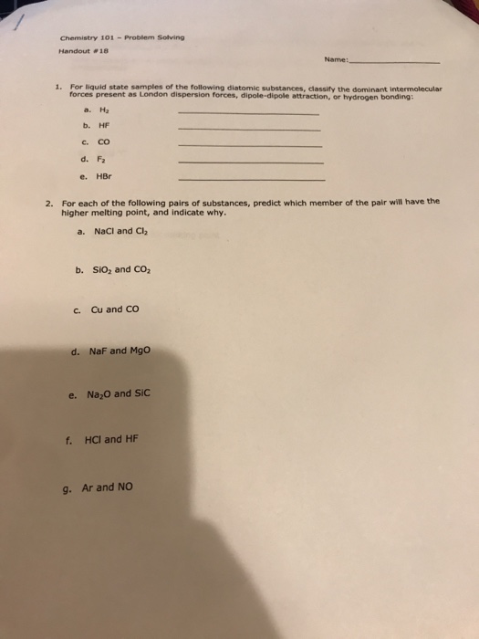 Solved Chemistry 101-Problem Solving Handout #18 1. For | Chegg.com