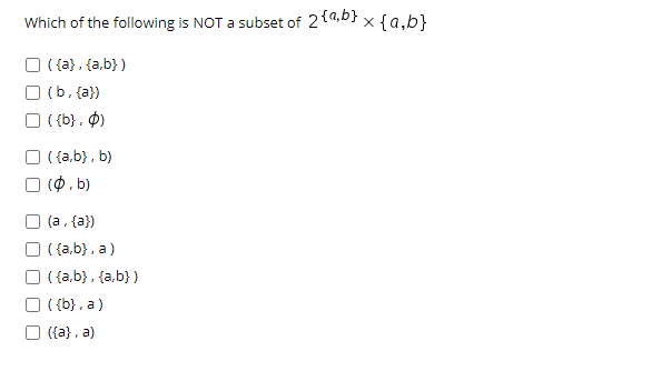 Solved Which of the following is NOT a subset of 2{a,b} x | Chegg.com