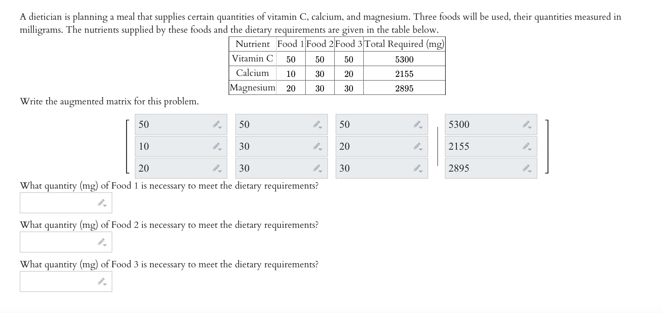 Solved A dietician is planning a meal that supplies certain | Chegg.com