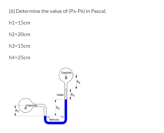 Solved [6] Determine the value of (PA-PB) in Pascal. h1=15cm | Chegg.com
