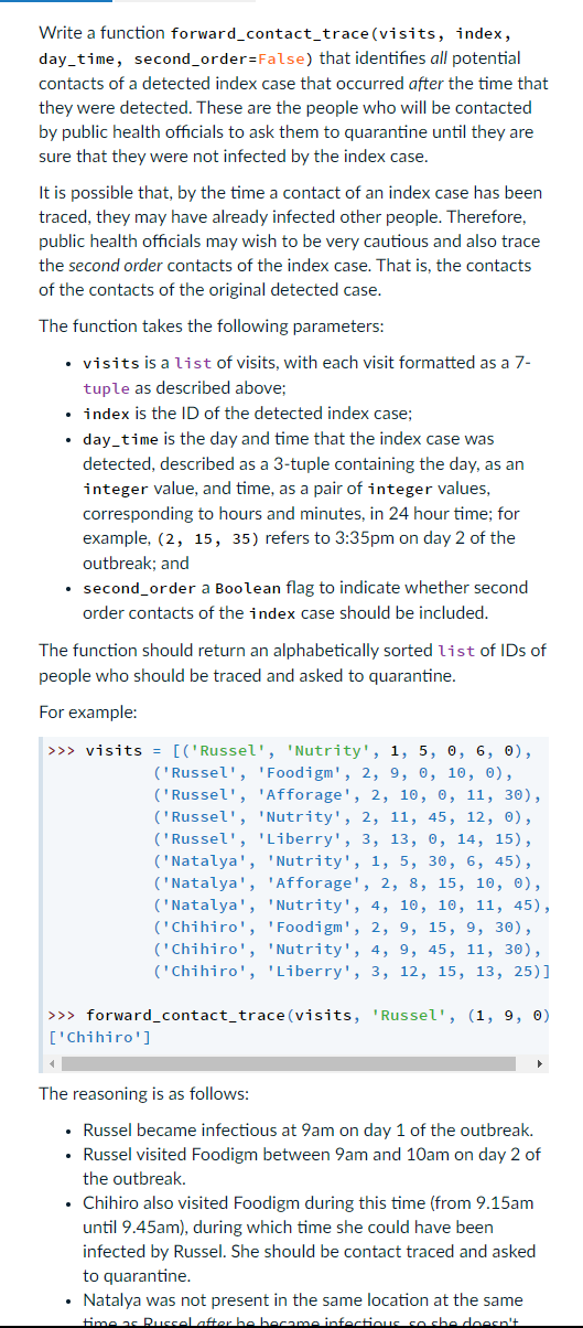 Solved Write a function forward_contact_trace (visits, | Chegg.com