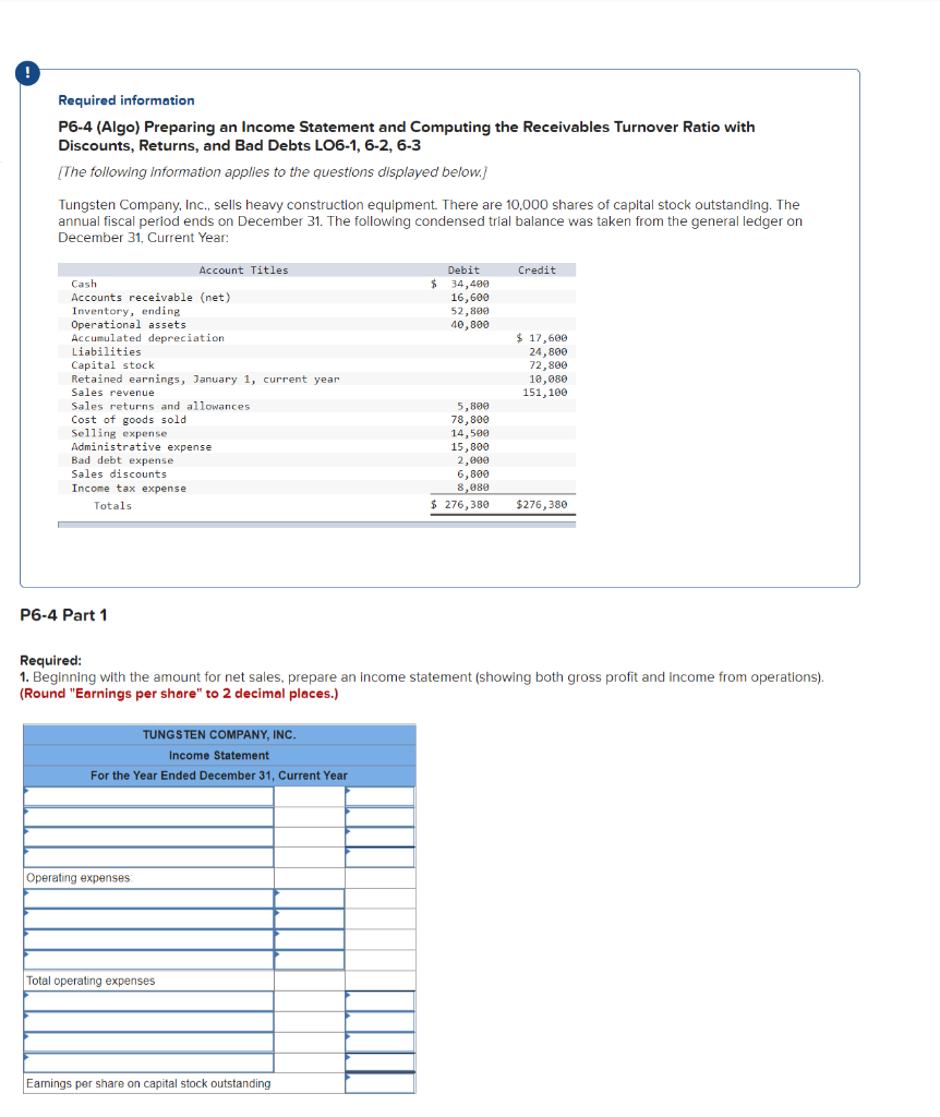 Solved Required information P6-4 (Algo) Preparing an Income | Chegg.com