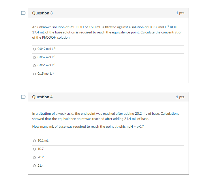Solved Question 3 1 pts An unknown solution of PHCOOH of | Chegg.com