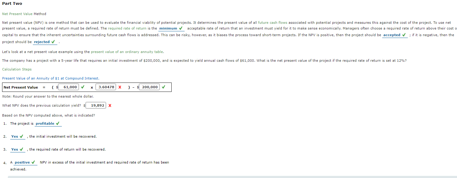 Solved Part Two Net Present Value Method Net present value | Chegg.com