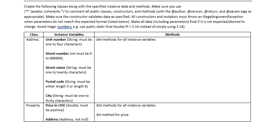 Solved Create the following classes along with the specified | Chegg.com