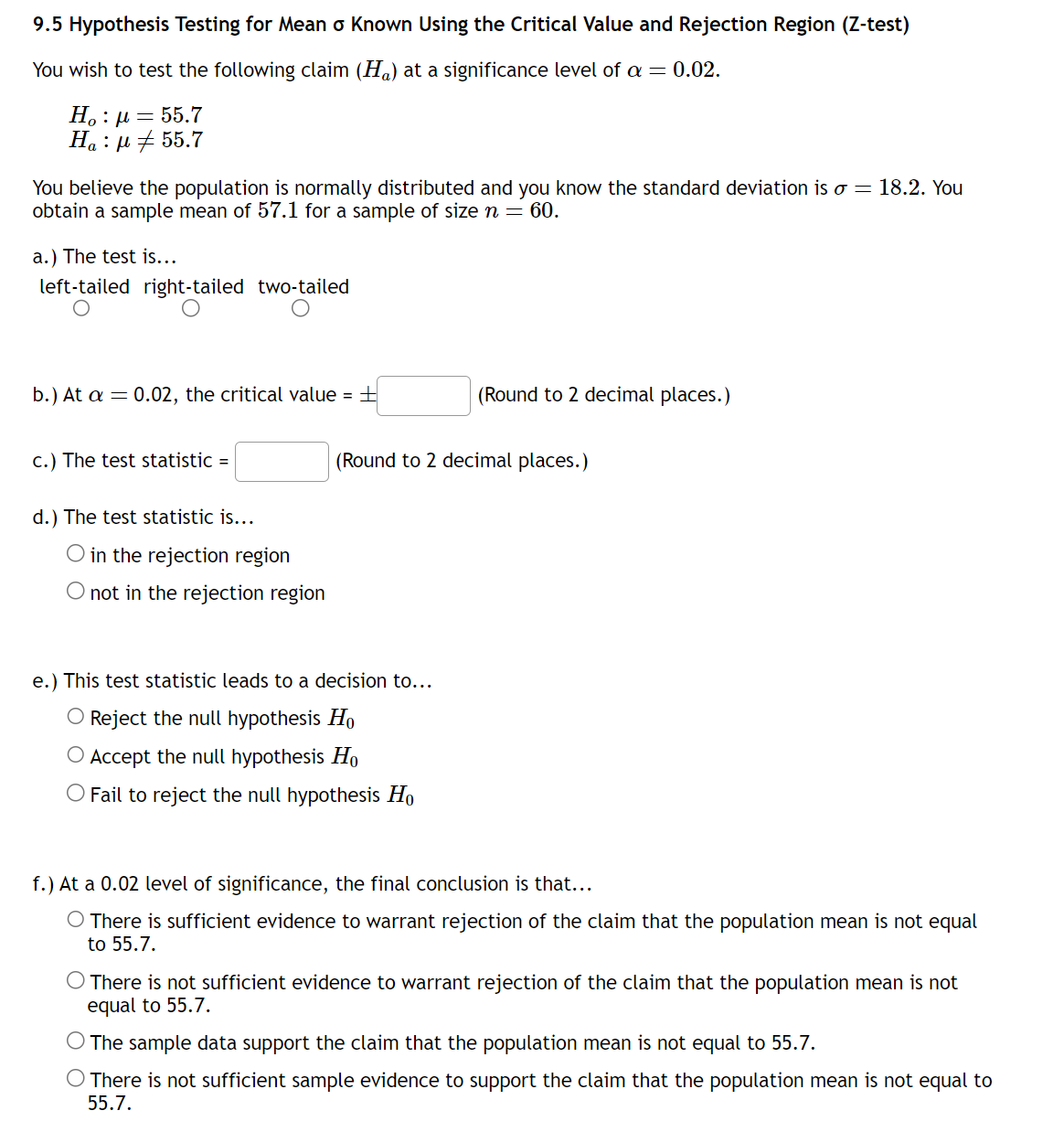 Solved 9.5 Hypothesis Testing for Mean σ Known Using the | Chegg.com