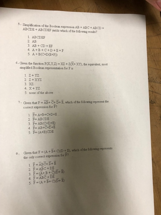 Solved 5 Simplification Of The Boole An Expression Ab 