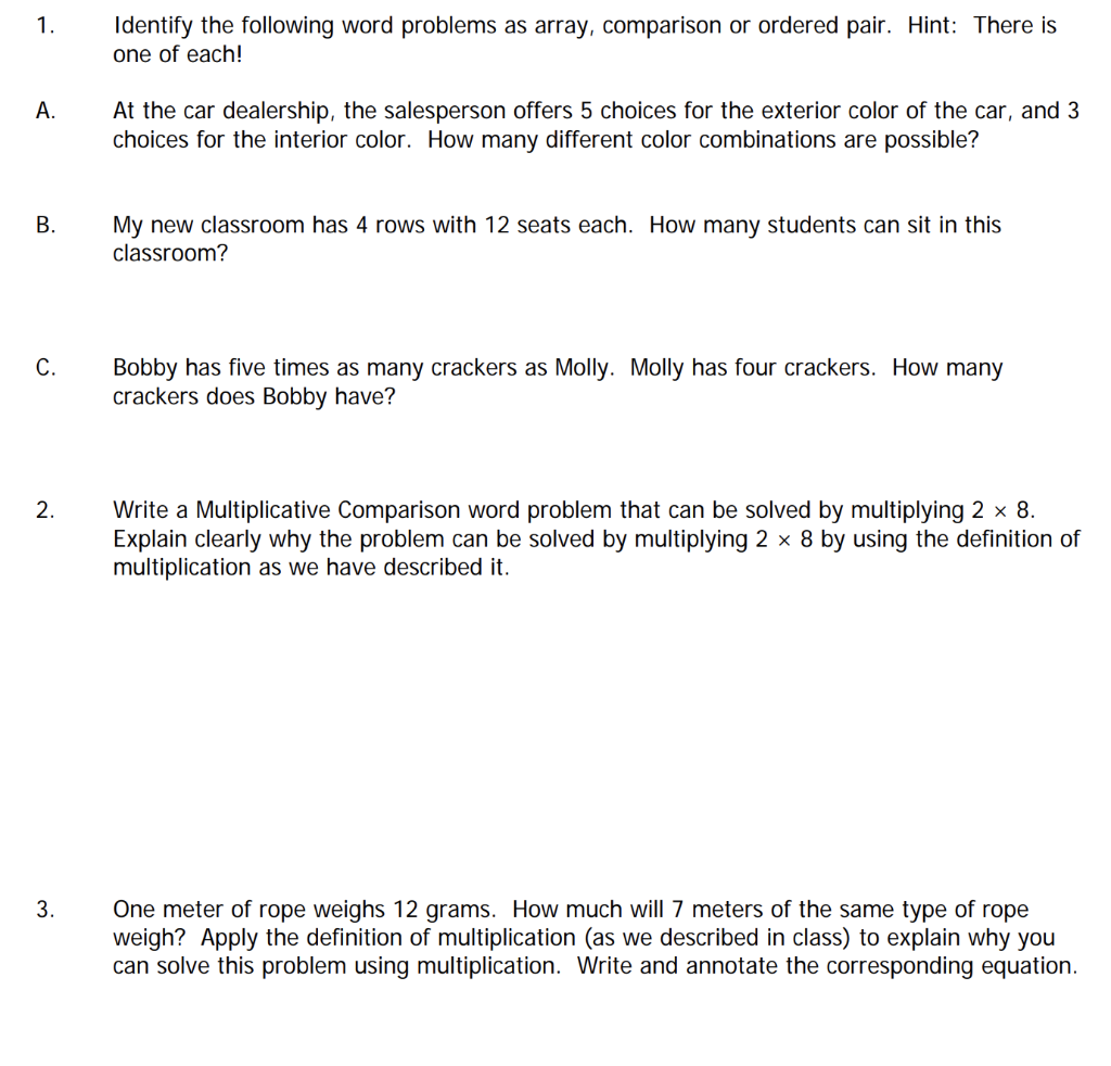 Solved 1. Identify the following word problems as array, | Chegg.com