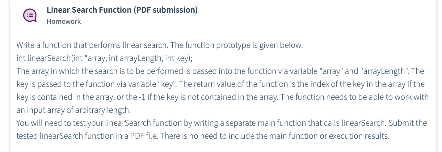Solved Linear Search Function (PDF submission) Homework | Chegg.com