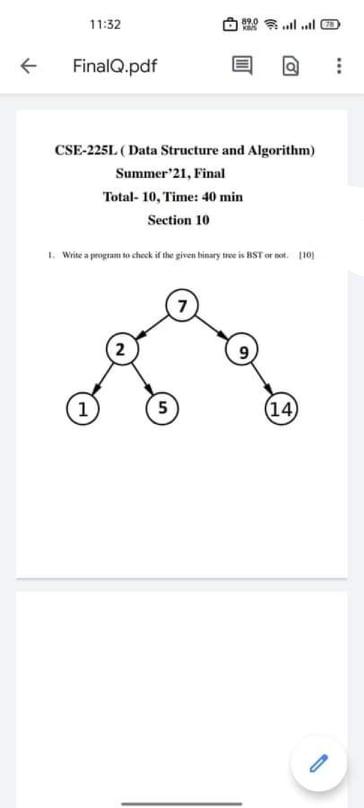 Solved 11:32 اا ااور Final.pdf CSE-225L ( Data Structure and | Chegg.com