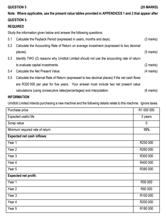 Solved QUESTION 5 (20 MARKS) Note: Where applicable, use the | Chegg.com