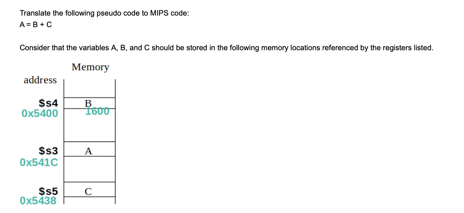 Solved Translate the following pseudo code to MIPS code: A= | Chegg.com