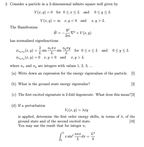 Solved , 2. Consider a particle in a 2-dimensional infinite | Chegg.com