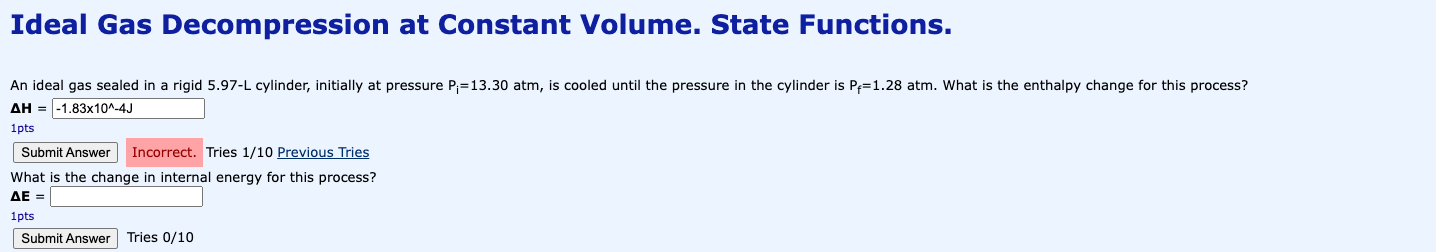 Solved Ideal Gas Decompression at Constant Volume. State | Chegg.com
