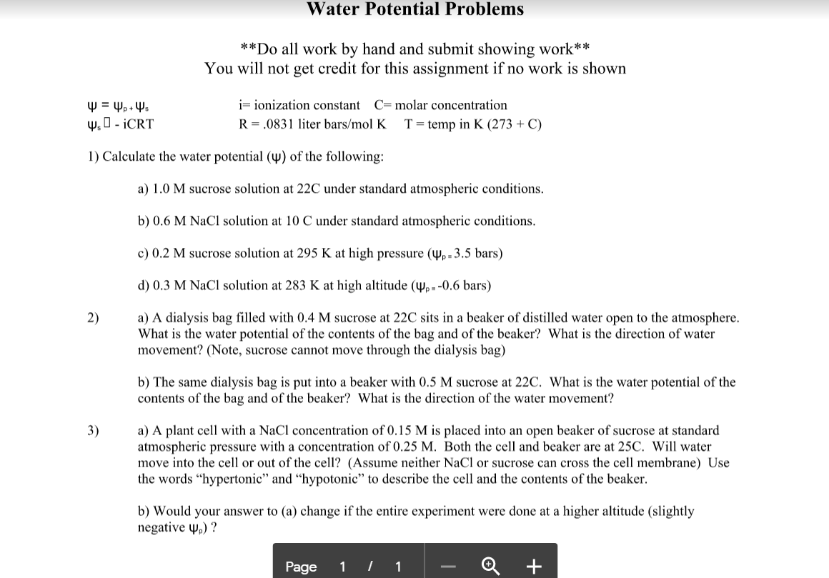 Solved Water Potential Problems **Do all work by hand and | Chegg.com
