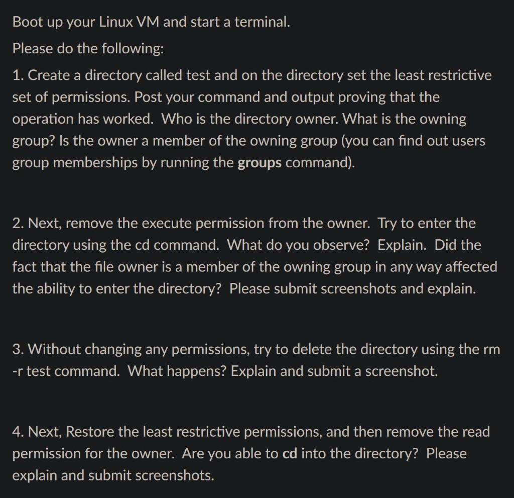 Solved Boot up your Linux VM and start a terminal. Please do | Chegg.com