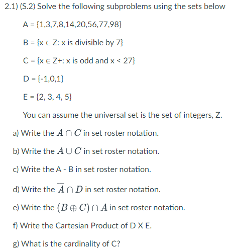 Solved 2.1) (S.2) Solve the following subproblems using the | Chegg.com