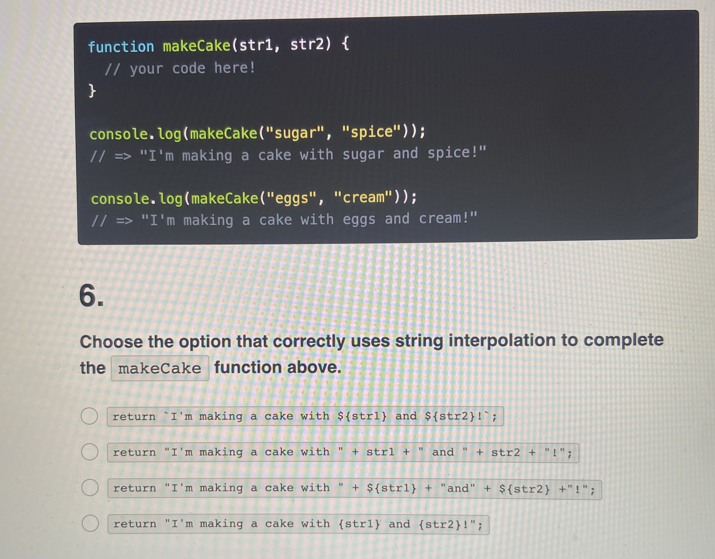 Function Makecakestr1 Str2 Your Code Here 