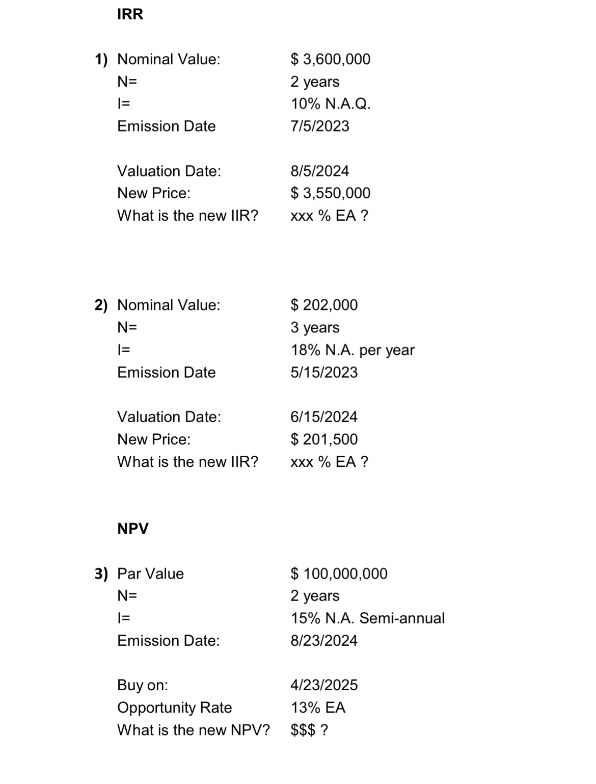 Solved IRR 1) \begin{tabular}{ll} Nominal Value: & | Chegg.com