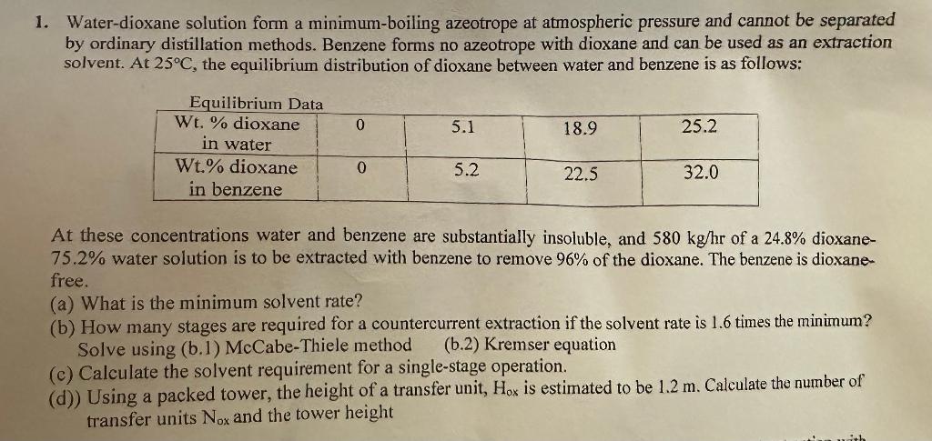 Solved 1. Water-dioxane solution form a minimum-boiling | Chegg.com