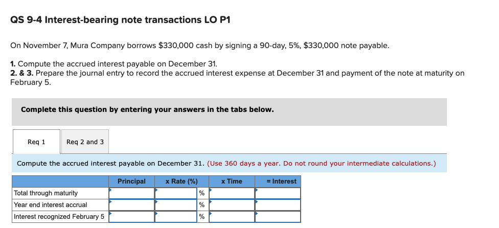 Solved QS 9-4 Interest-bearing note transactions LO P1 On | Chegg.com