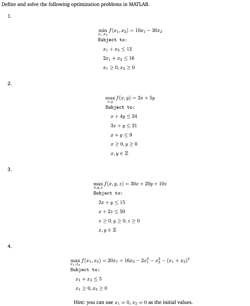 Define and solve the following optimization problems | Chegg.com