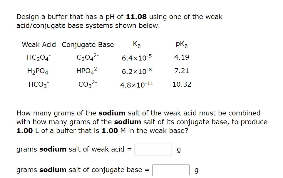 Solved Design a buffer that has a pH of 11.08 using one of | Chegg.com