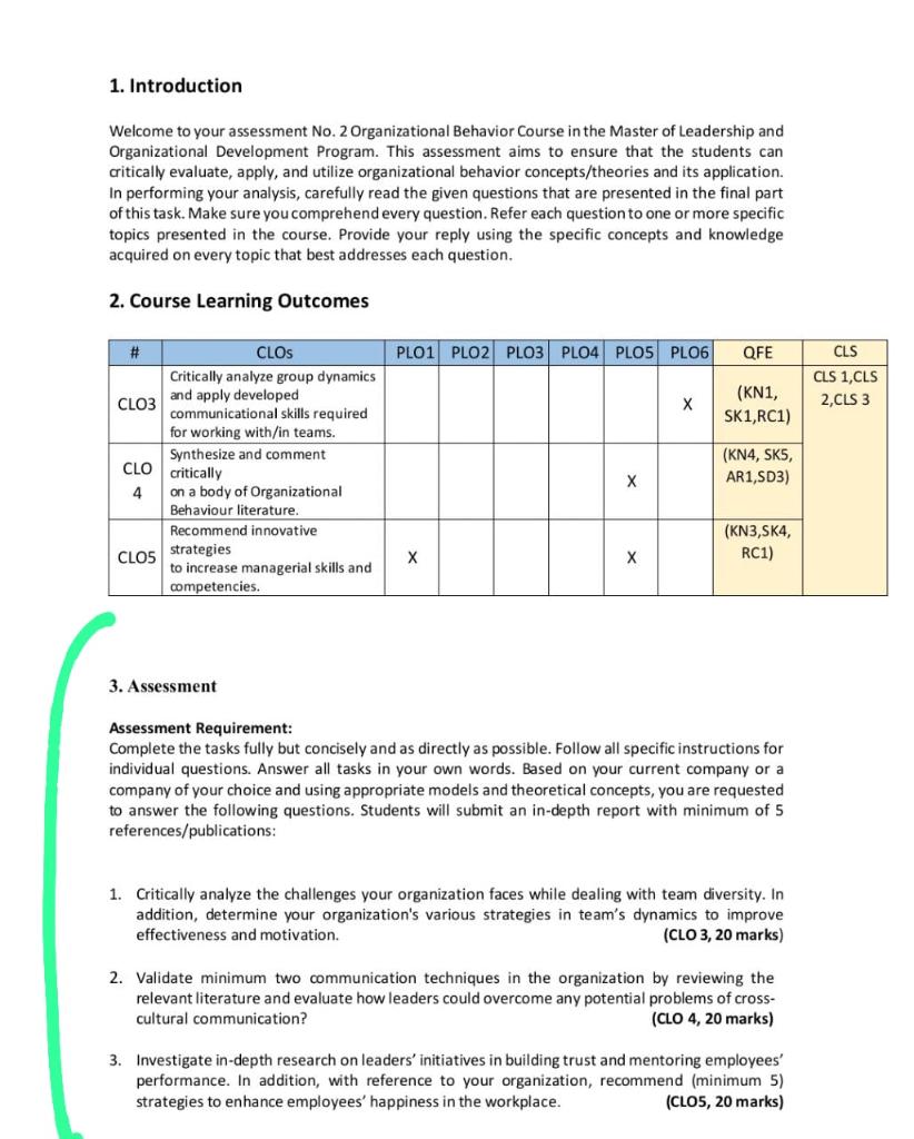 1. Introduction Welcome to your assessment No. 2 | Chegg.com