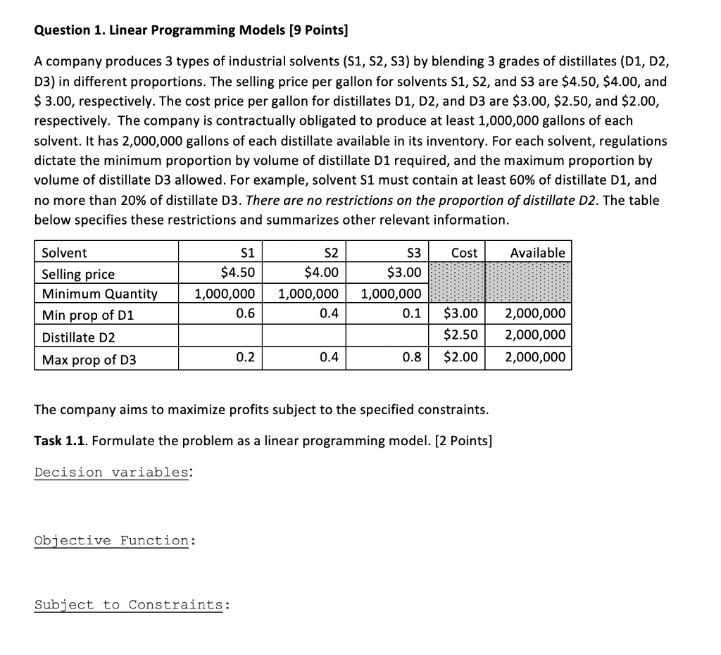 Solved Question 1. Linear Programming Models [9 Points] A | Chegg.com