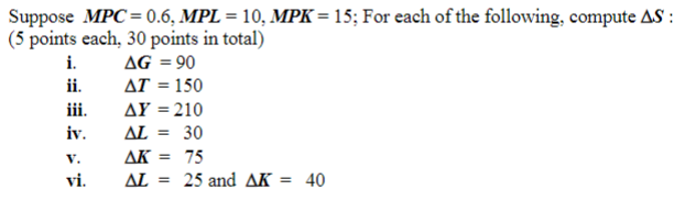 Solved Suppose MPC=0.6,MPL=10,MPK=15; For each of the | Chegg.com