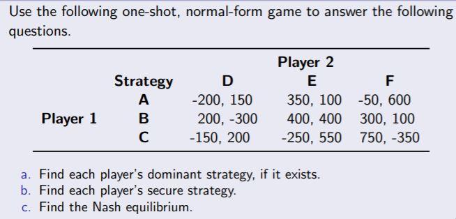 Solved Use the following one-shot, normal-form game to | Chegg.com